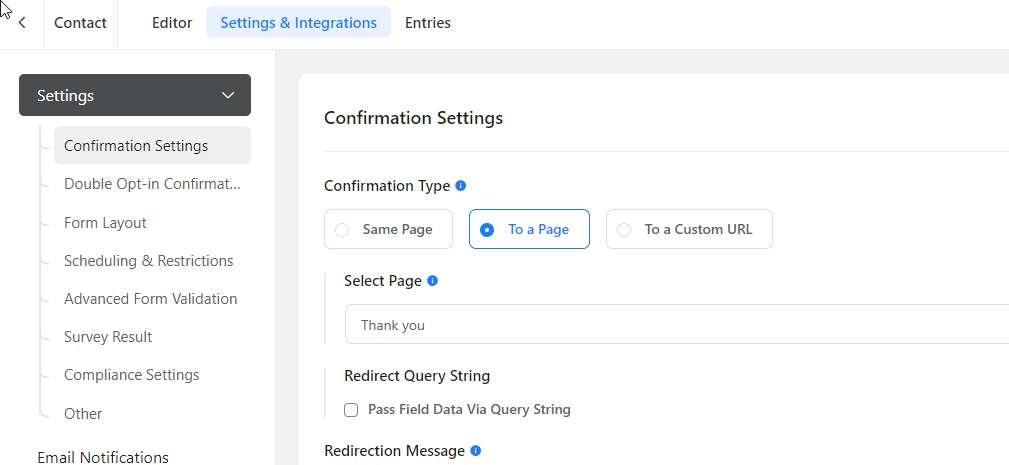 Creating a Dynamic Contact Form with FluentForms: Custom Thank You Page and Redirect Setup.